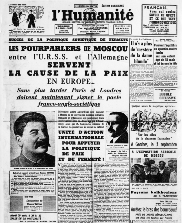 L’Humanité du 23 août 1939 ( Disponible sur Gallica ).